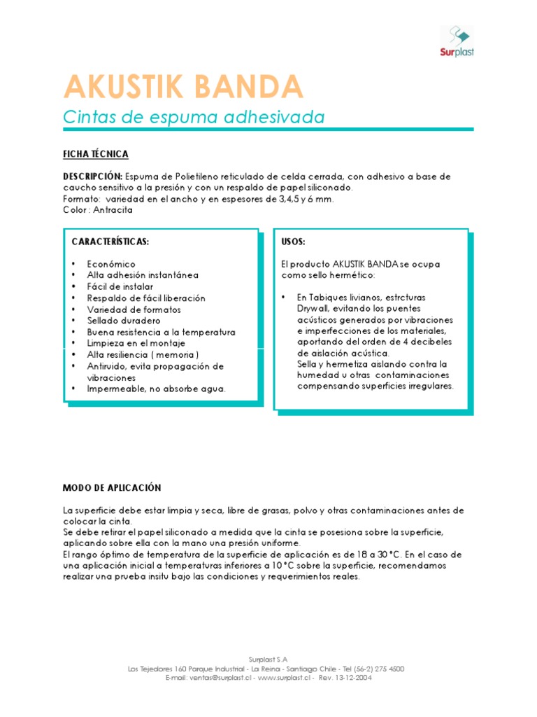 Ficha Técnica - Akustik Banda | PDF | Materiales | Sustancias químicas