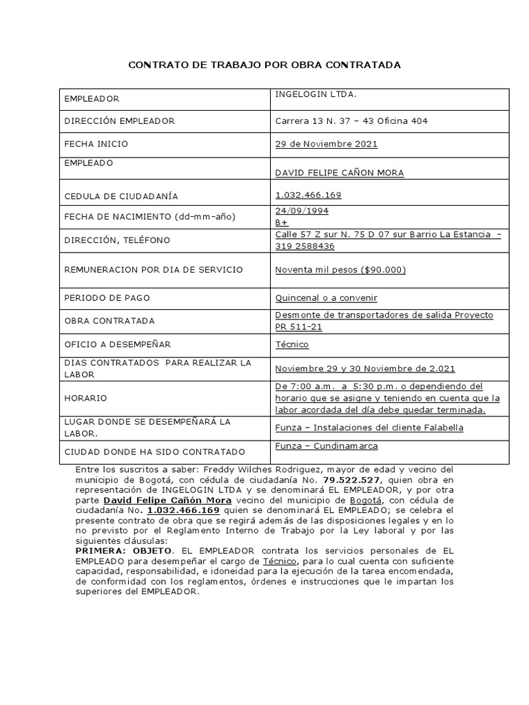Contrato DE OBRA FALABELLA DESMONTE DE TRANSPORTADORES SALIDA PR 511-21 CAÑON DAVID FELIPE | PDF ...