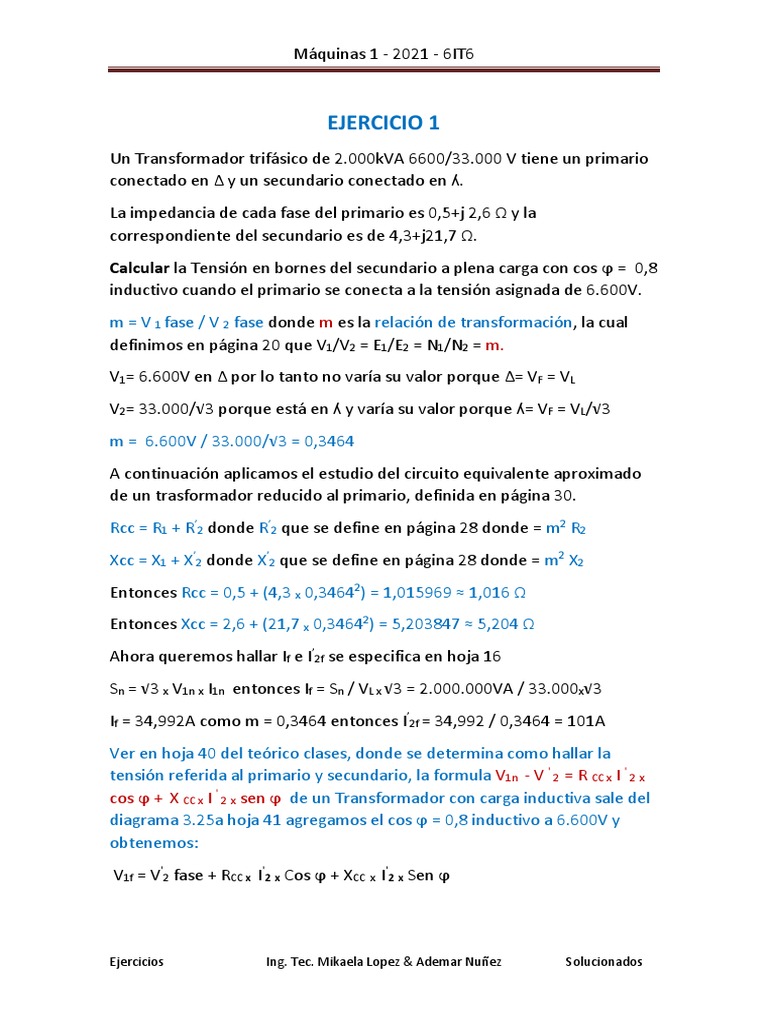EJERCICIO 1 y 2 MAQUINAS 1 - 2021 | PDF | Transformador | Equipo eléctrico