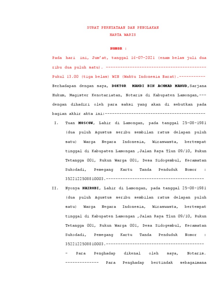 Penolakan Waris Contoh Fix | PDF