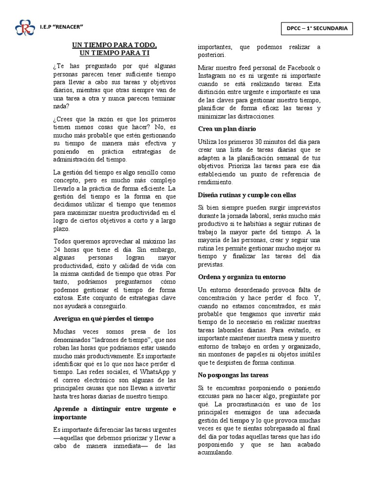 1 AÑO - 1. Un Tiempo para Todo, Un Tiempo para Ti | PDF | Gestión del tiempo | Habilidades ...
