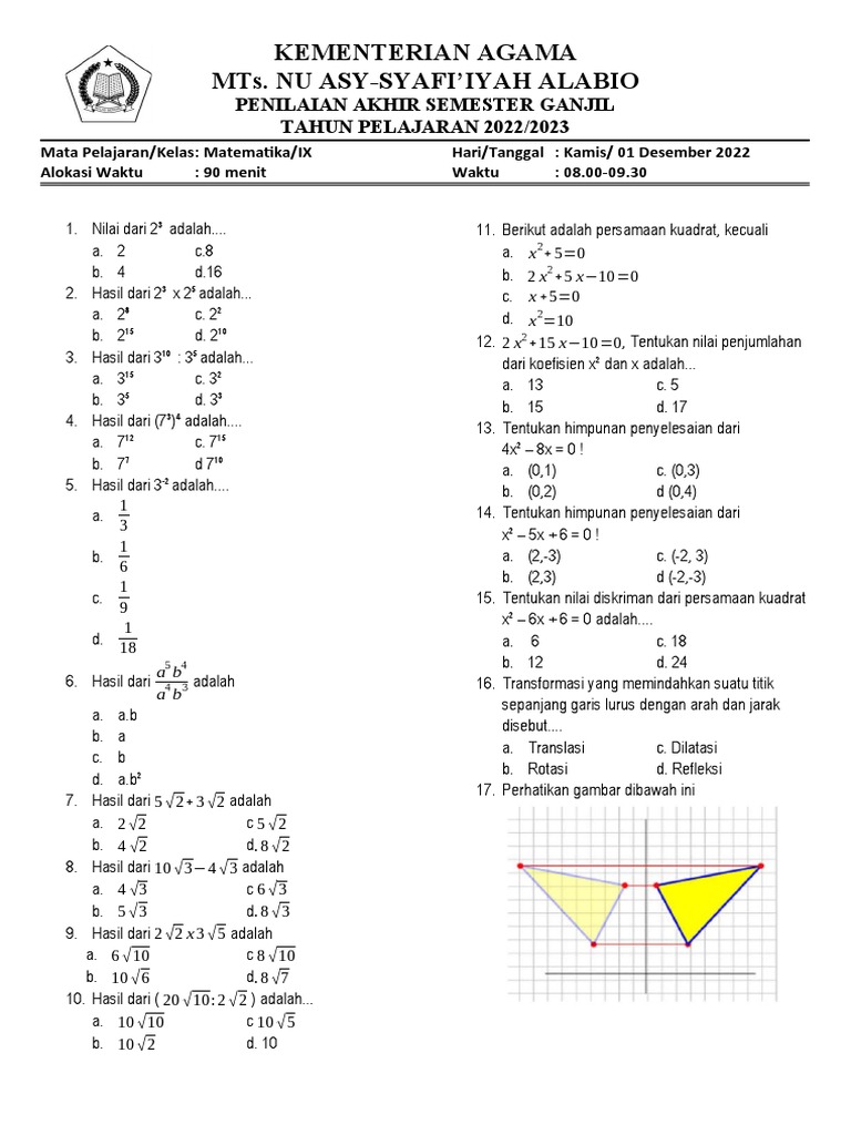 Soal UAS Semester Ganjil Matematika 2022-2023 Kelas IX | PDF