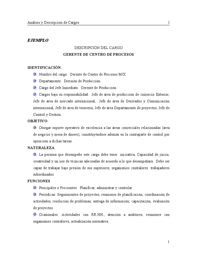Ejemplo de Descripcion de Cargo