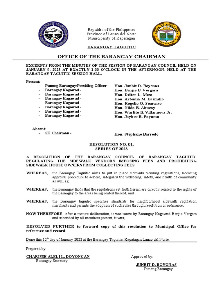 Barangay Taguitic Sidewalk Vending Resolution | PDF | Government | Justice