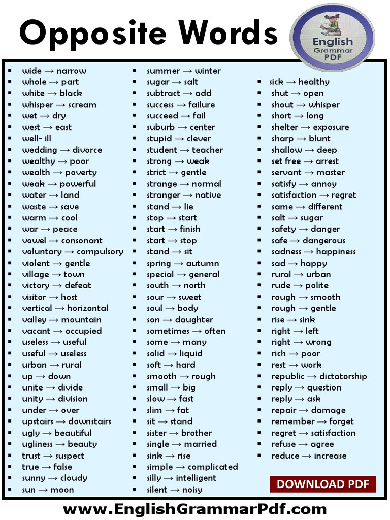 Comprehensive List of Opposite Words | PDF