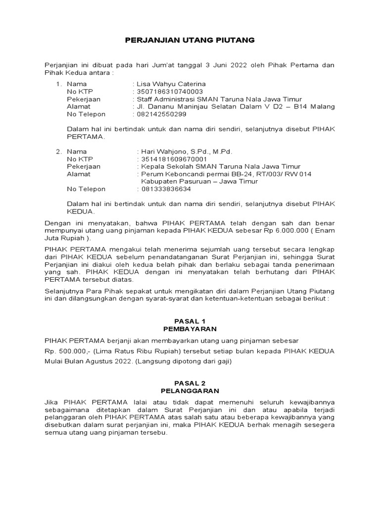 Contoh Surat Perjanjian Utang Piutang | PDF