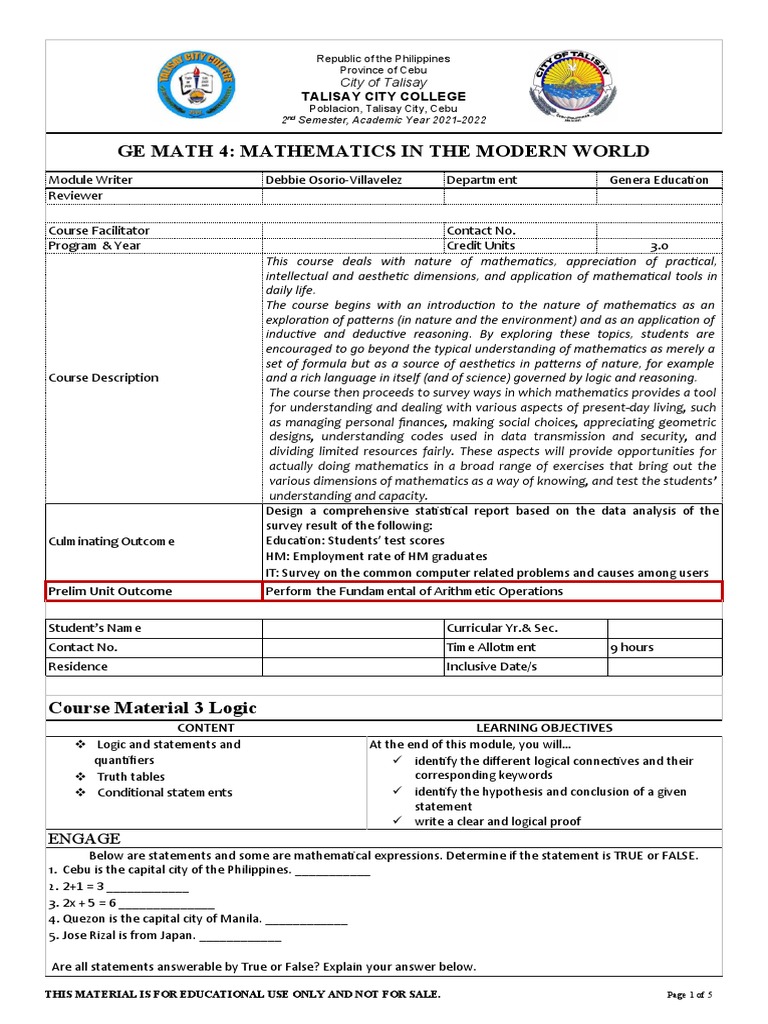 Mathematics in Daily Life: A Case Study of Talisay City College's GE Math 4 Course | PDF ...