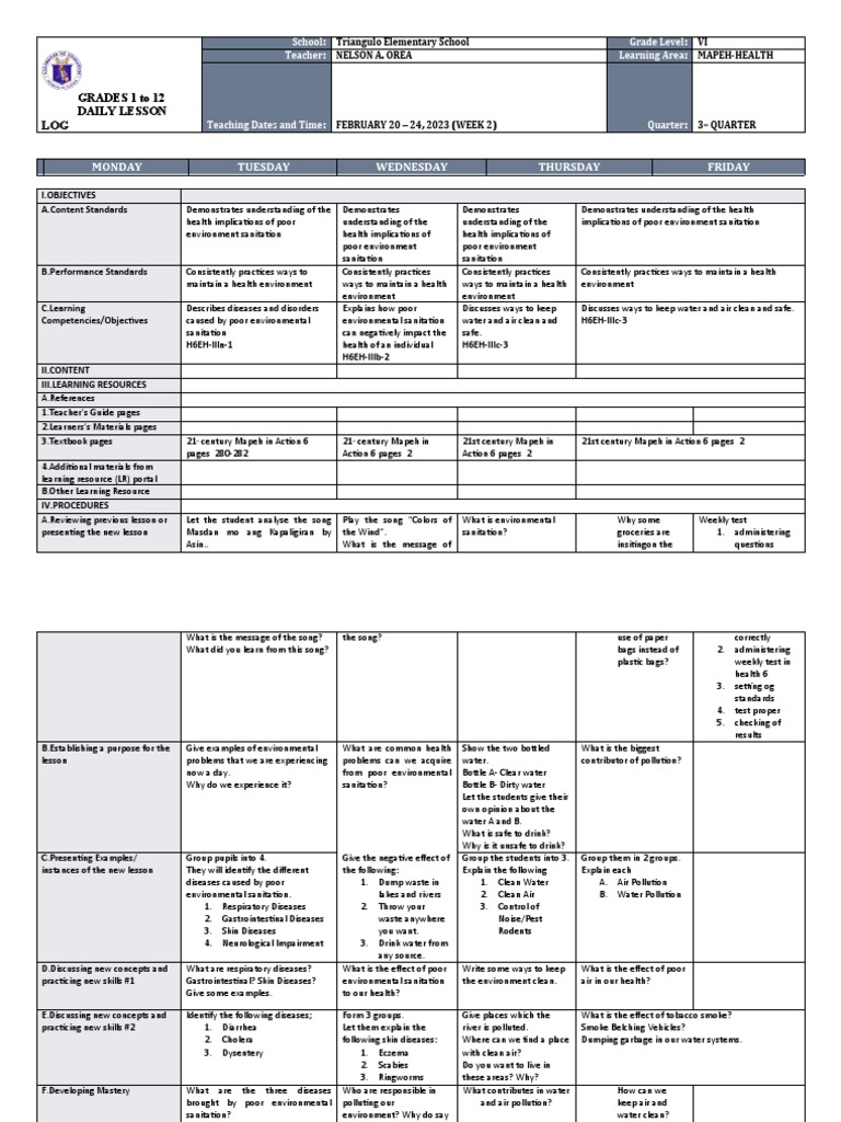 GR 6 Mapeh 2 W | PDF | Sanitation | Pollution