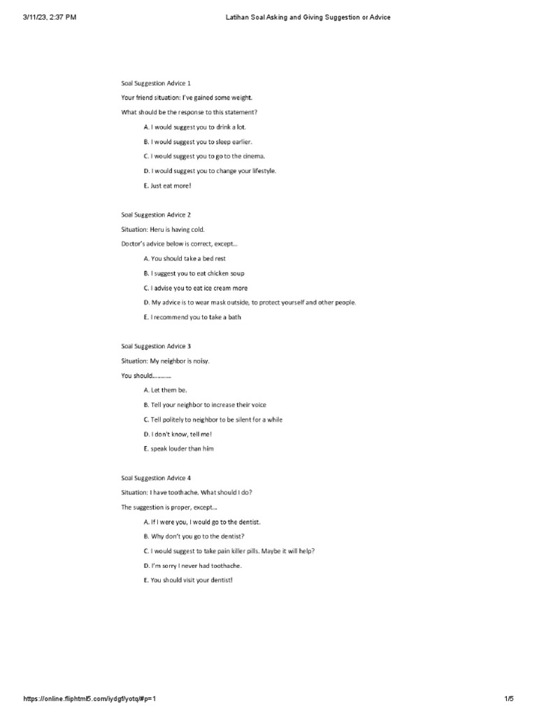 Latihan Soal Asking and Giving Suggestion or Advice | PDF Latihan Soal Asking and Giving Suggestion or Advice | PDF