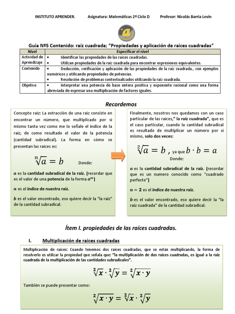 Guia 5 Propiedades de Las Raices Cuadradas | PDF | Raíz cuadrada ...