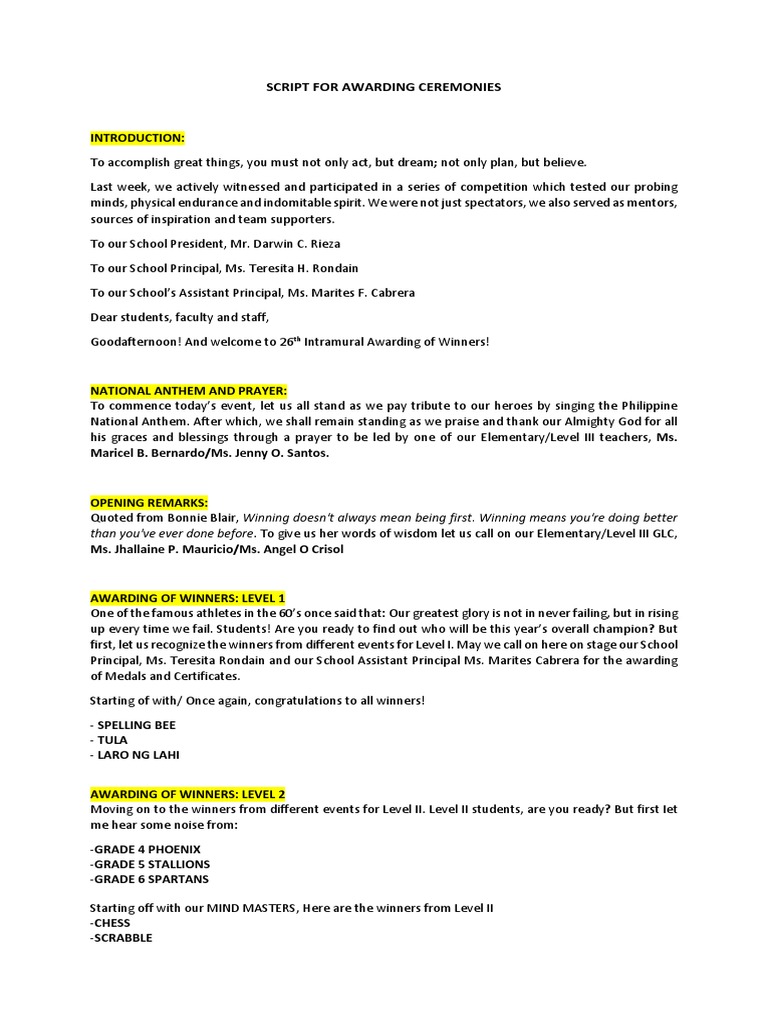 Script For Awarding Ceremonies-Level Ii | PDF
