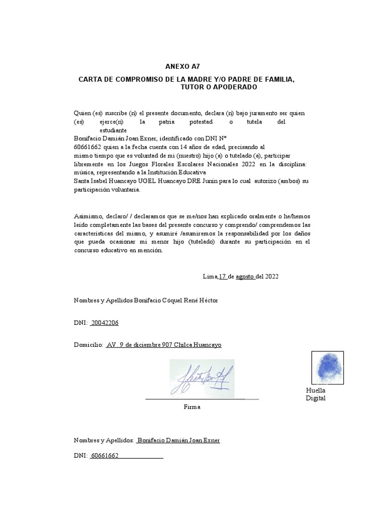 Anexo A7 Carta de Compromiso de La Madre Y/O Padre de Familia, Tutor O ...