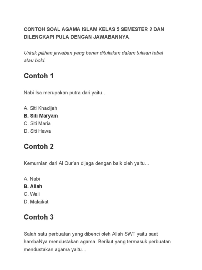 Contoh Soal Agama Islam Kelas 5 Semester 2 Dan Dilengkapi Pula Dengan Jawabannya. | PDF