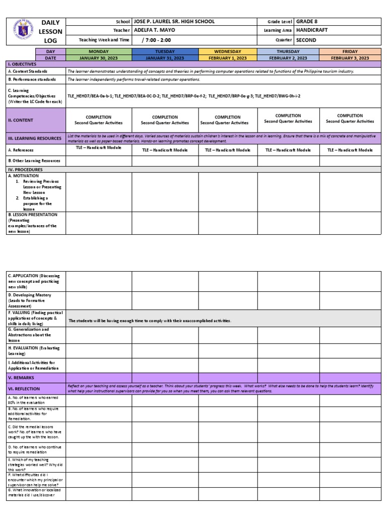 Grade 8 Handicraft Lesson Log | PDF | Learning | Teachers
