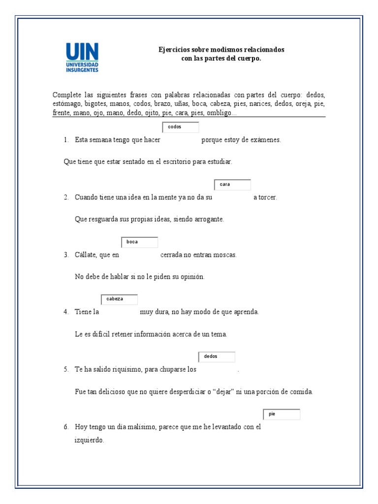 Ejercicios Sobre Modismos Relacionados Con Las Partes Del Cuerpo | PDF