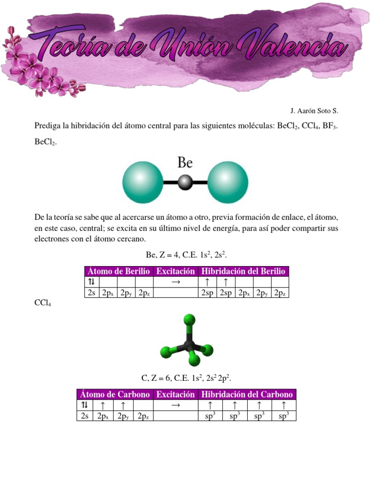 Hibridación molecular y geometría de moléculas: BeCl2, CCl4, BF3 y agua | PDF