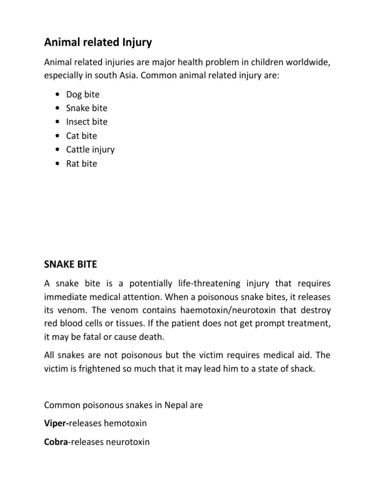 Animal Related Injury: Snake Bite | PDF | Wound | Medicine