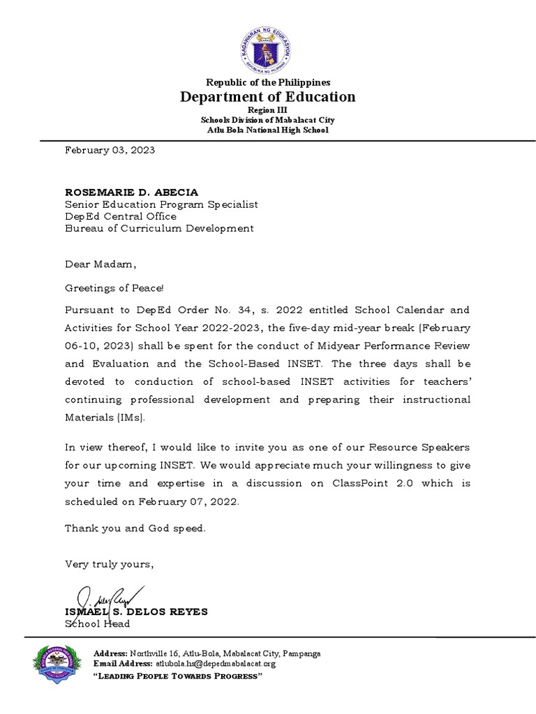 Letter To Invite GAD Speaker | PDF