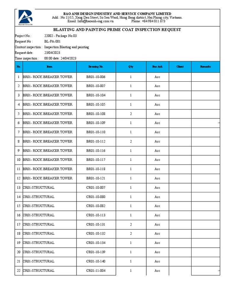 Blasting and Painting Prime Coat Inspection Request: Bao Anh Design ...
