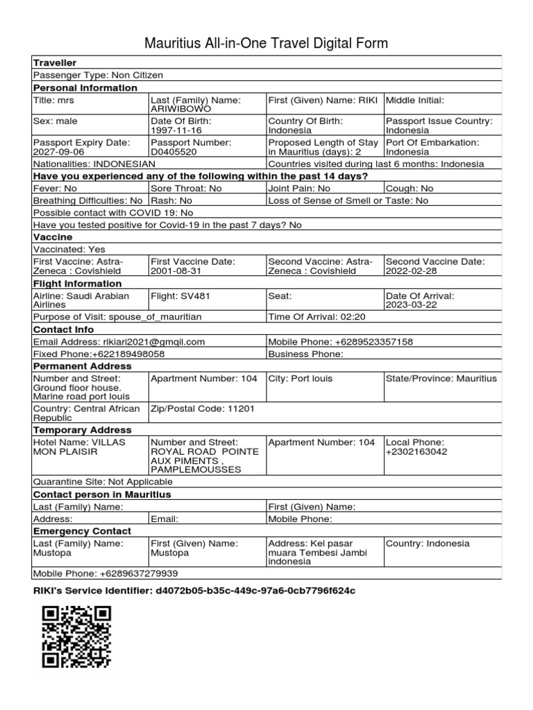 Mauritius All-in-One Travel Digital Form | PDF | Epidemiology ...