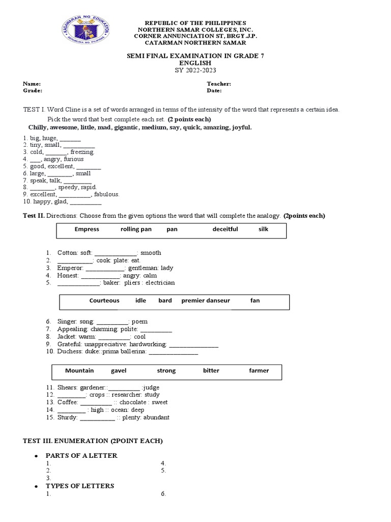 Semi Final Exam Eng7 | PDF | Food And Drink