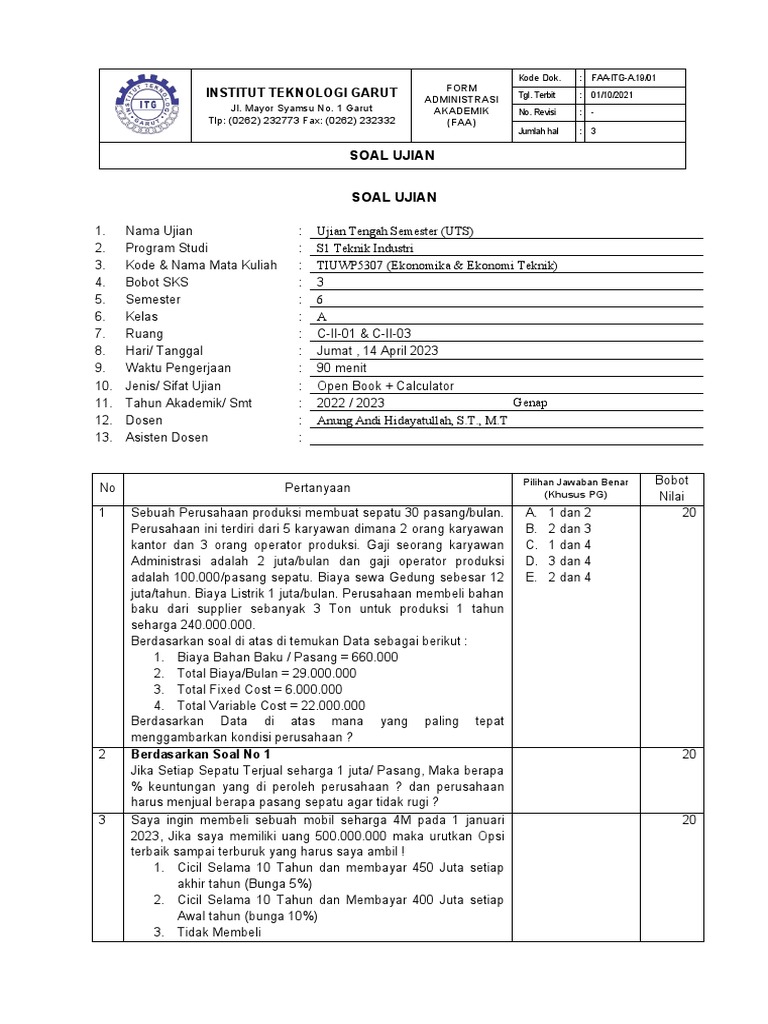 UTS Ekonomi Teknik Kelas A | PDF