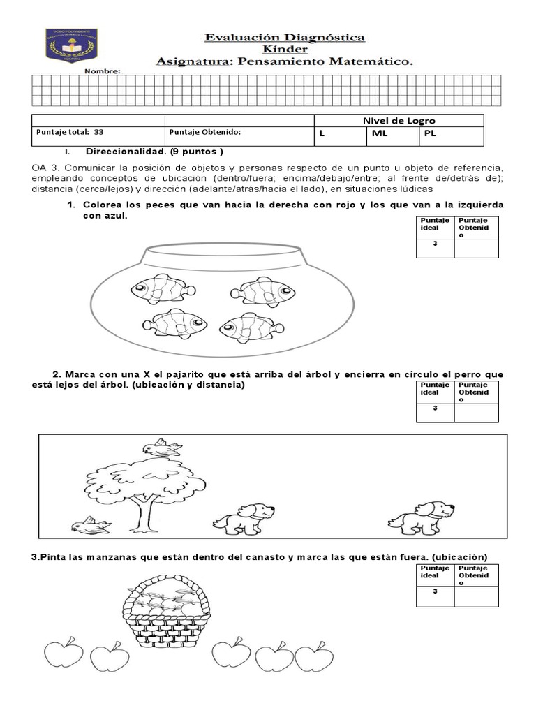 Prueba Diagnostica P.Matematico Kinder 2023 | PDF | Color