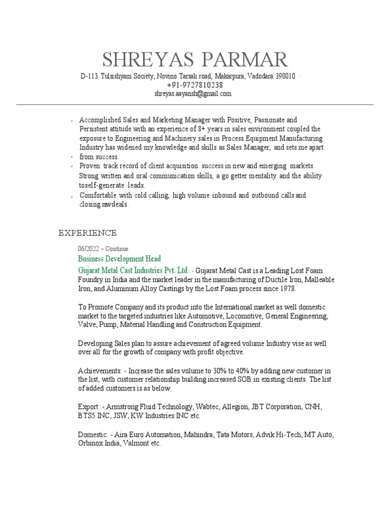 Shreyas' Resume | PDF | Sales | Marketing