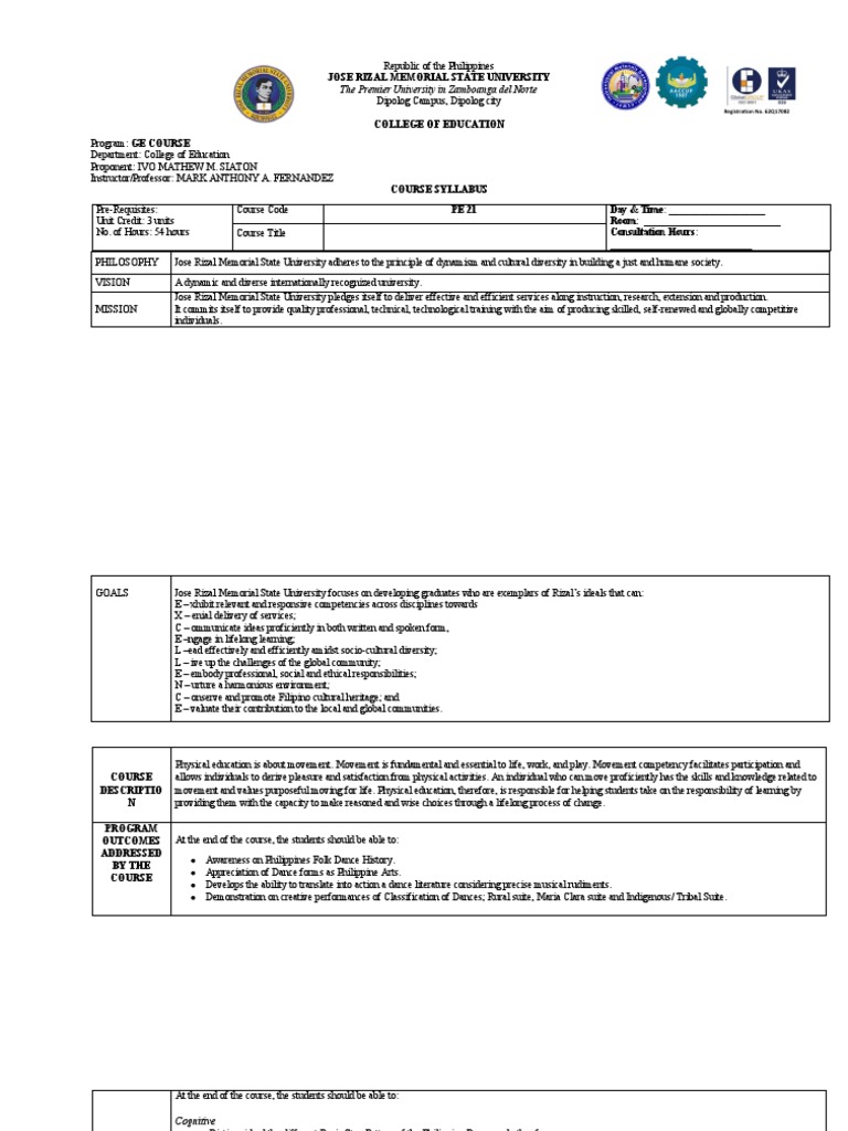 PE 21 Syllabus | PDF | Dances | Learning