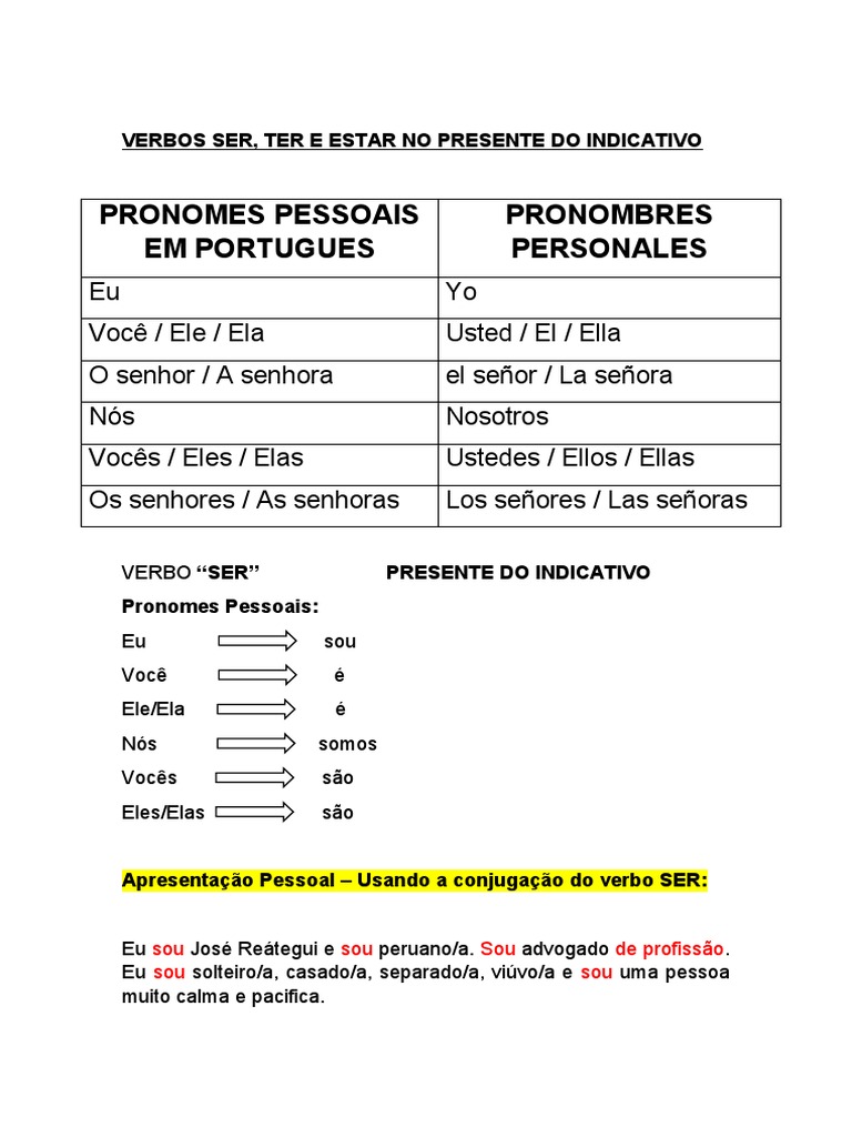 Os Pronomes Pessoais e Os Verbos Ser Ter Estar | PDF | Linguística