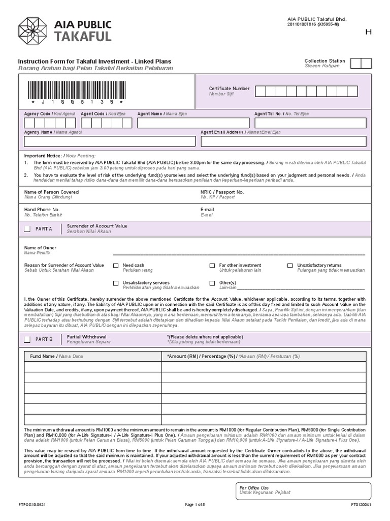 Instruction Form For Takaful Investment - Linked Plans | PDF