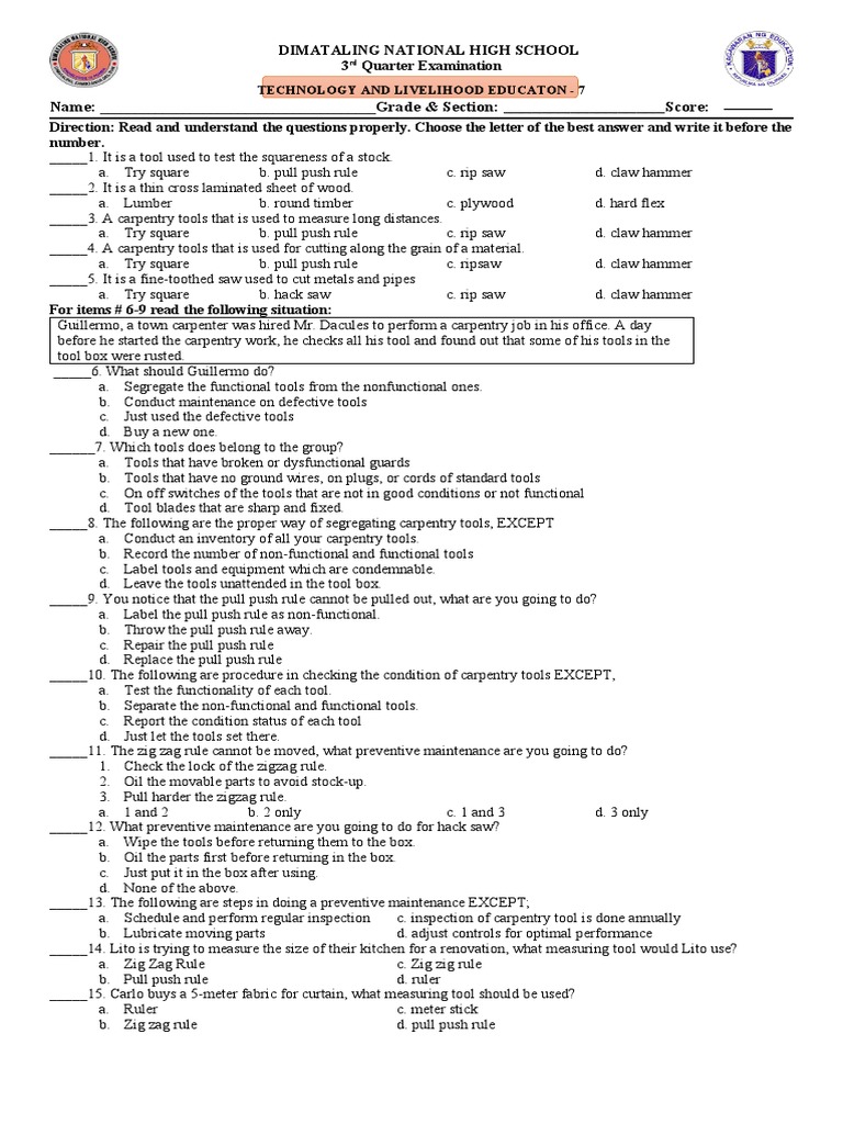 Tle 7 Q3 TQ | PDF | Carpentry | Lumber