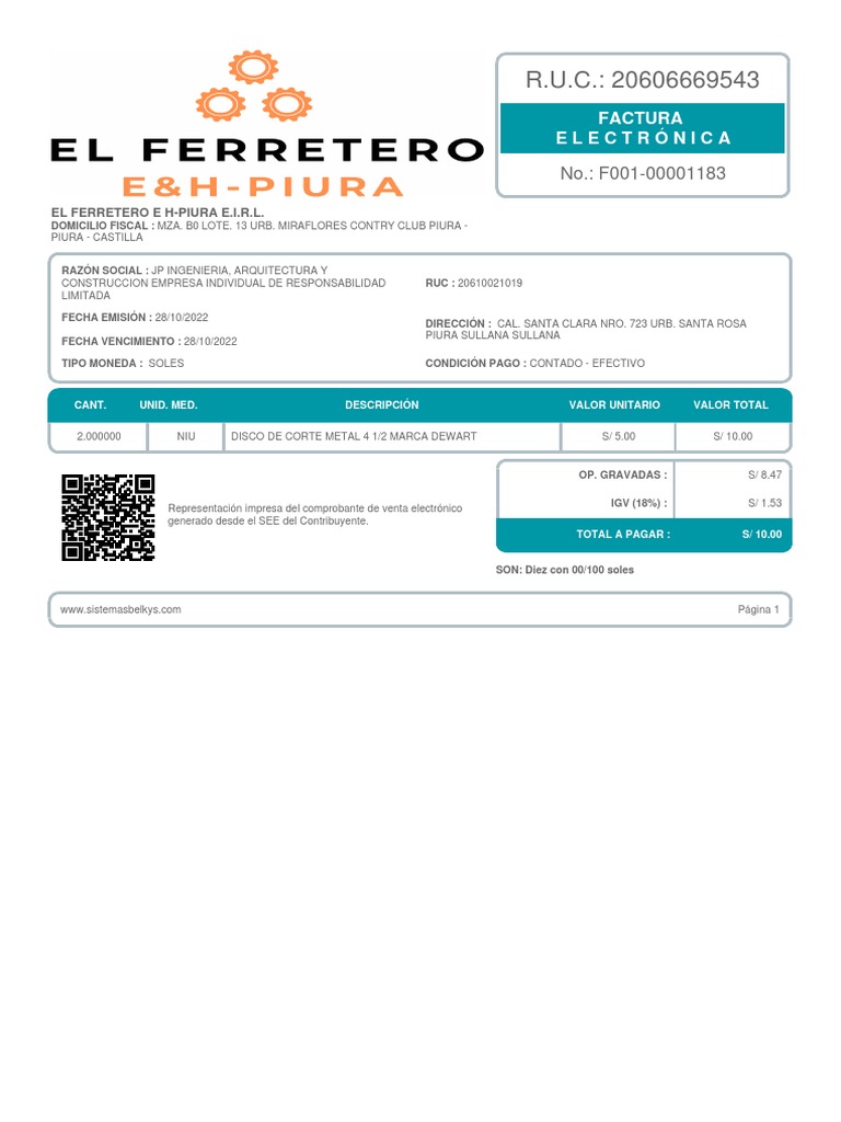Factura Electrónica: El Ferretero E H-Piura E.I.R.L | PDF