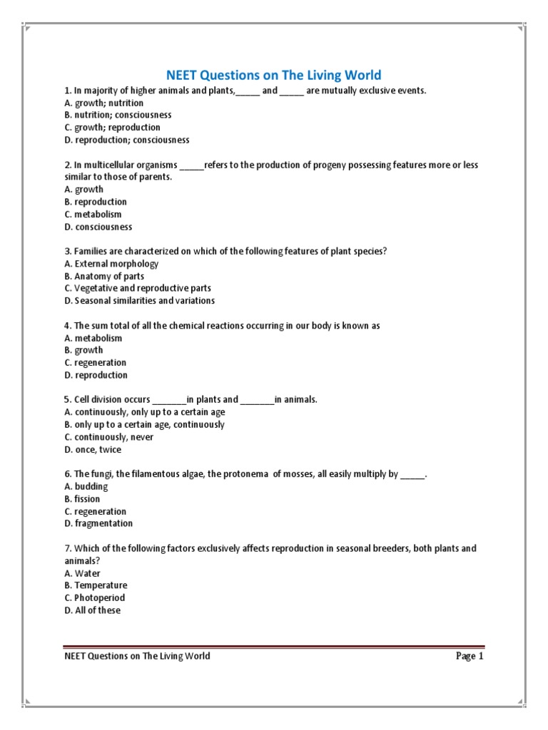 Chapter 01 Living World A | PDF | Taxonomy (Biology) | Genus