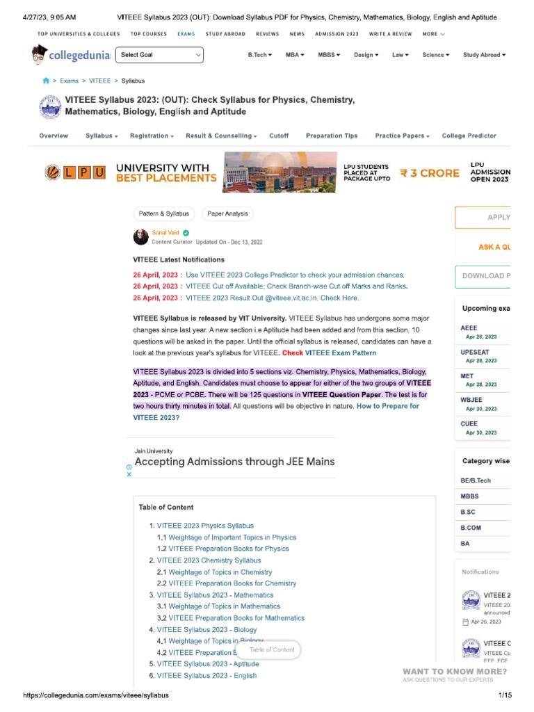 Vit 2023 Syllabus | PDF