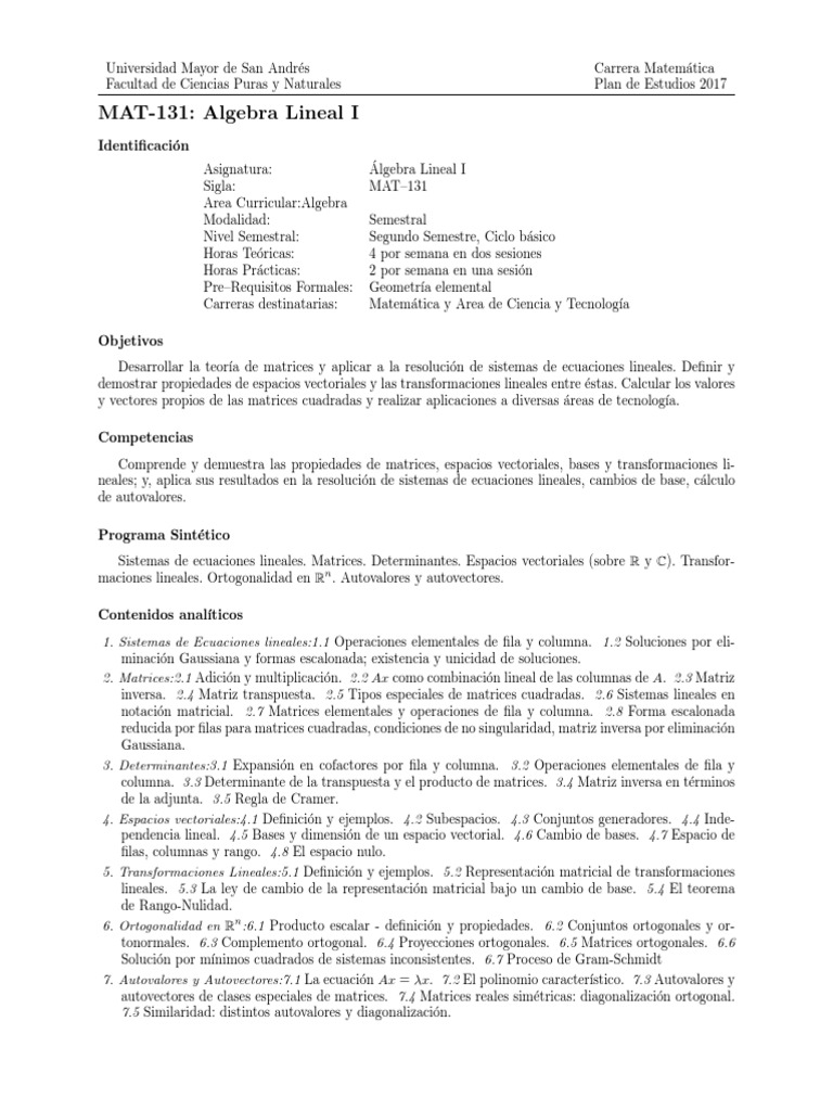 MAT-131: Algebra Lineal I | PDF | Matriz (Matemáticas) | Valores propios y vectores propios