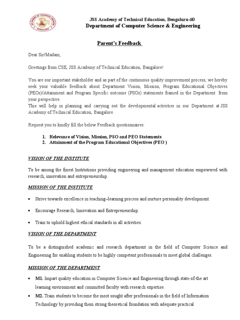Feedback Questionnaires - Relevance of Vision, Mission, PSO, PEO and PEO Attainment-Parent | PDF ...