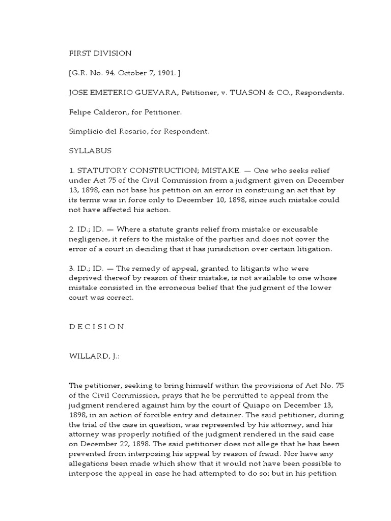 JOSE EMETERIO GUEVARA, Petitioner, v. TUASON & CO., Respondents. | PDF ...
