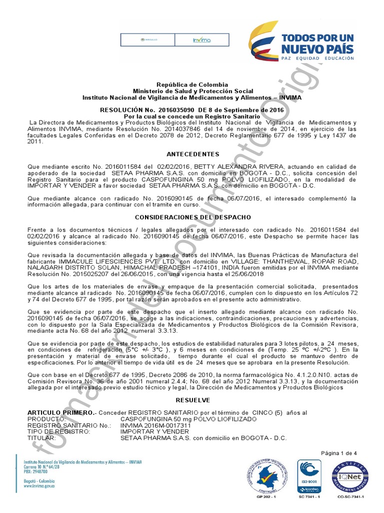 Ficha Invima Caspofungina | PDF | Cuidado de la salud | Tratamientos ...