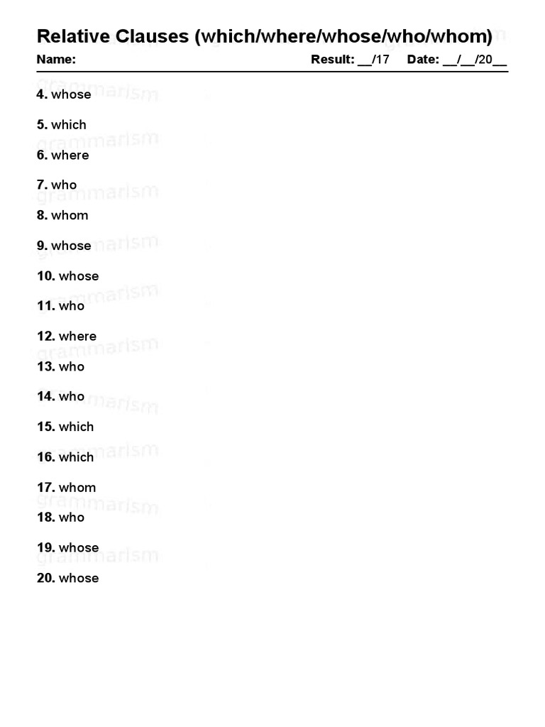 Grammarism Relative Clauses Test 1 Answers 2196958 | PDF