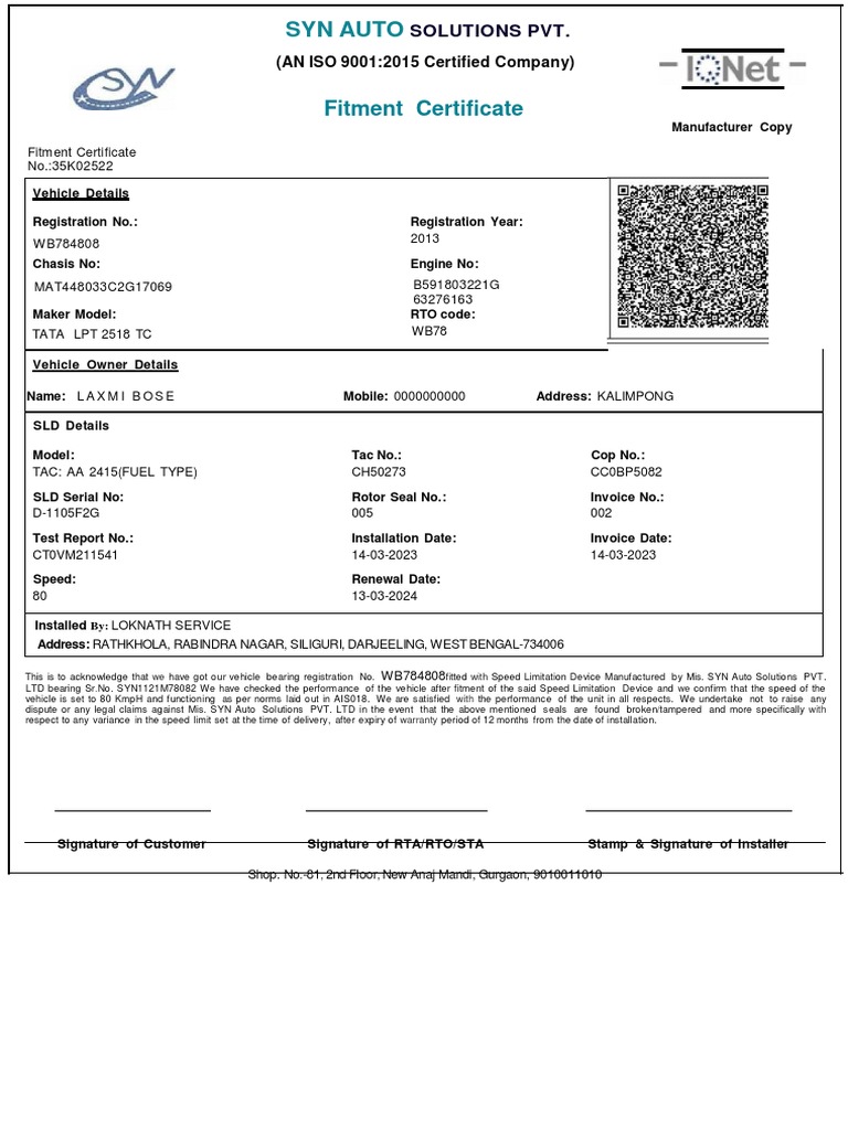 SYN Auto Solutions Fitment Certificate | PDF | Manufactured Goods ...