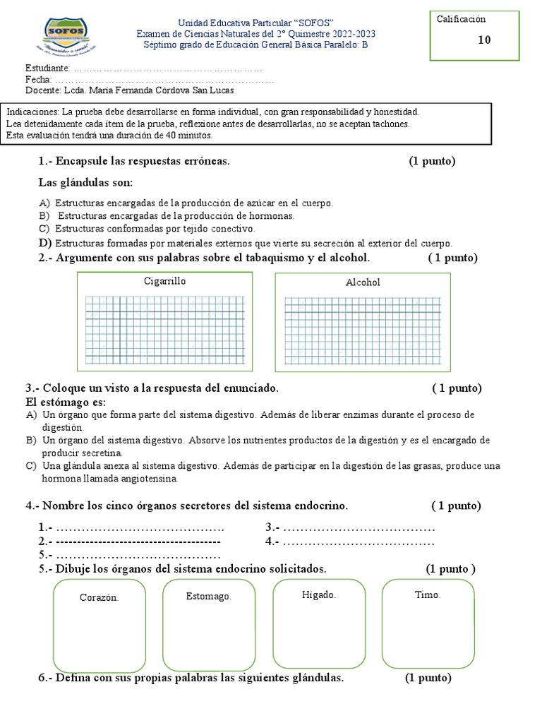 Unidad Educativa Particular "SOFOS" Examen de Ciencias Naturales Del 2° Quimestre 2022-2023 ...