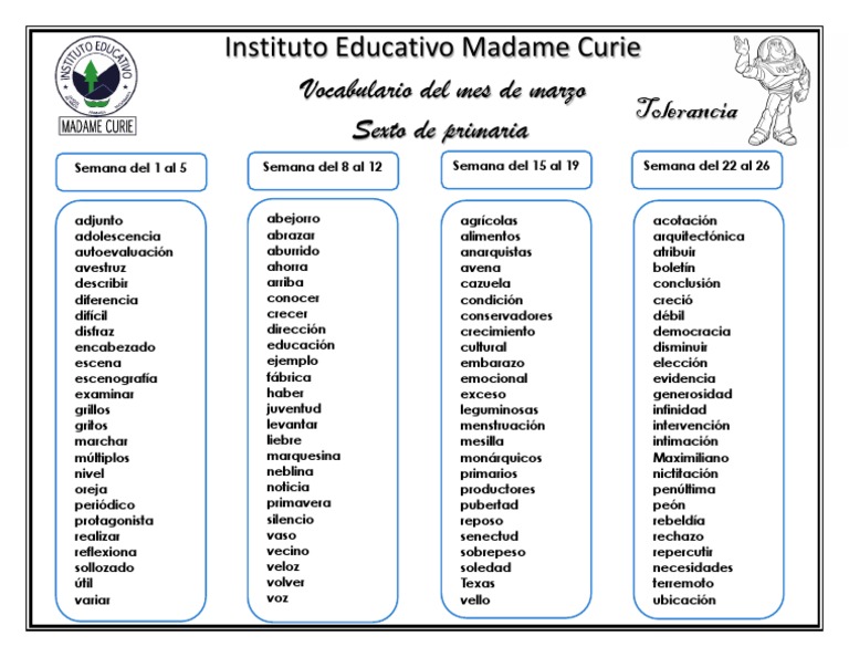 Vocabulario de marzo para sexto grado | PDF