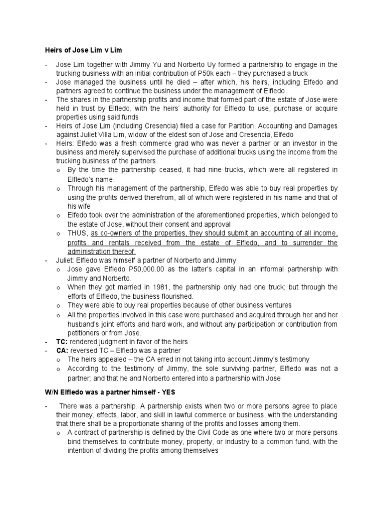 121 - Heirs of Jose Lim V Juliet Villa Lim | PDF | Partnership | Economies