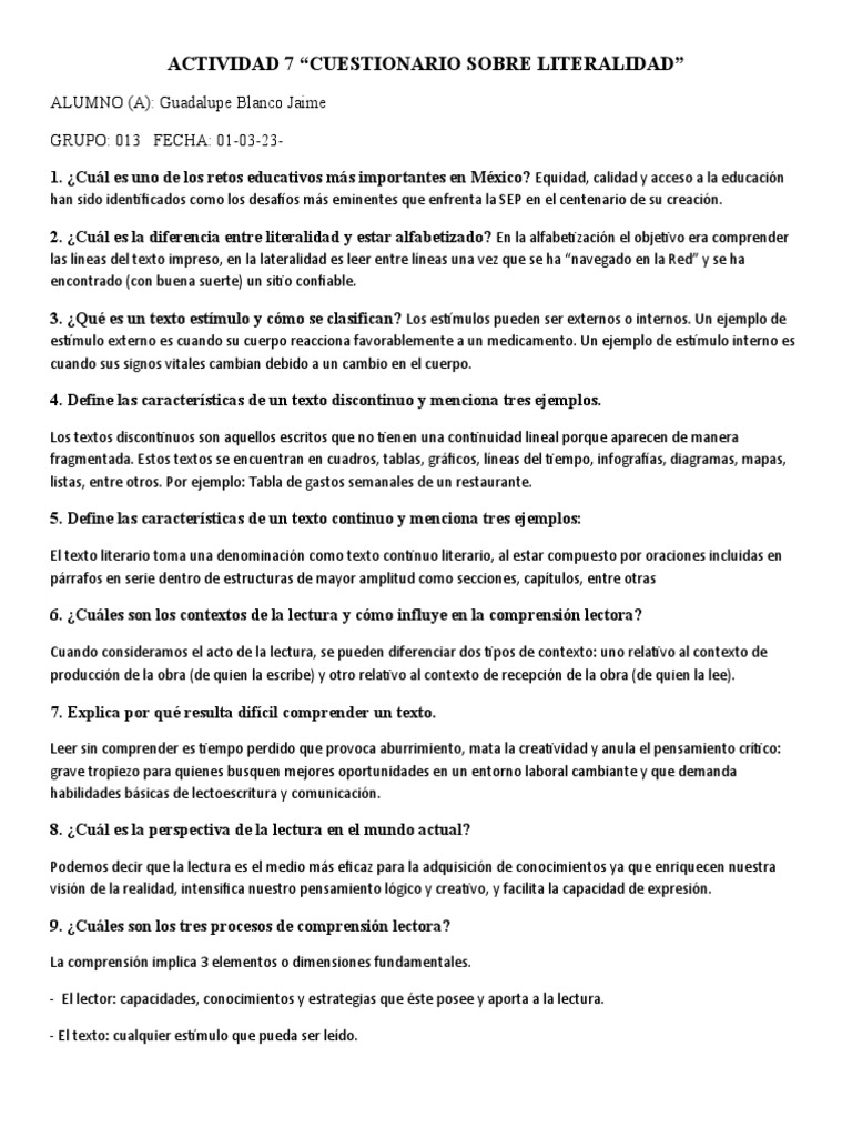 Cuestionario de Literalidad | PDF | Comprensión lectora | Mente