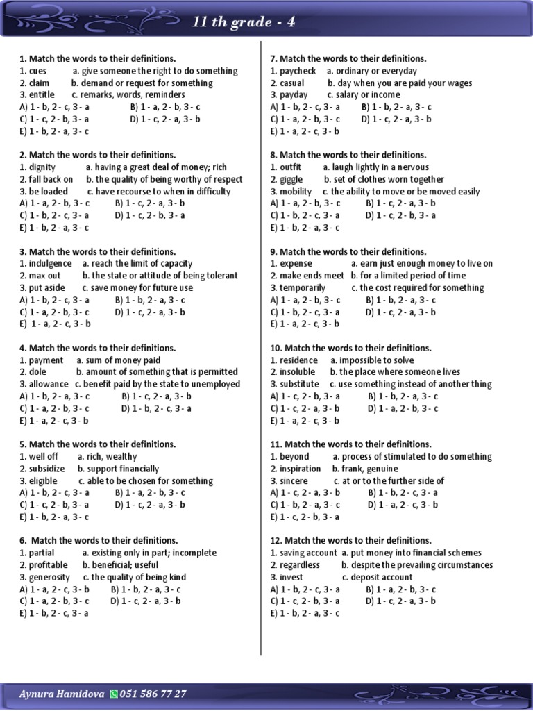Matching Words to Definitions: Vocabulary Practice for 11th Grade ...