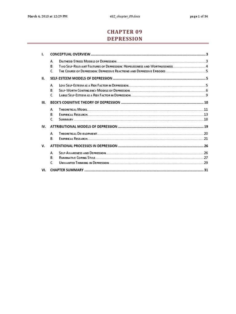 THEORIES OF DEPRESSION - Nice Note - ) | PDF | Self Esteem | Cognitive ...