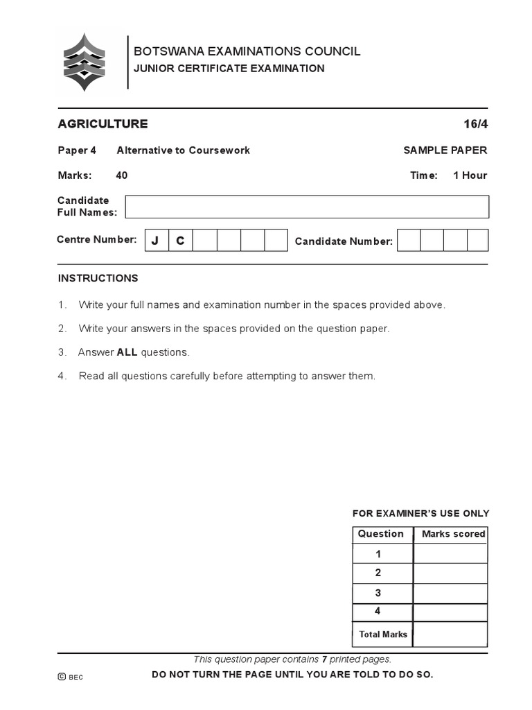 Jce Agriculture. Paper 4 Sample Paper | PDF | Sowing | Botany