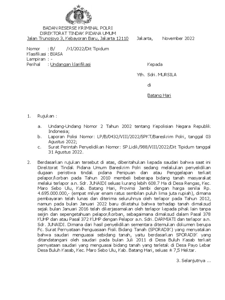Undangan Klarifikasi Interview LP Tanah Palembang | PDF Undangan Klarifikasi Interview LP Tanah Palembang | PDF