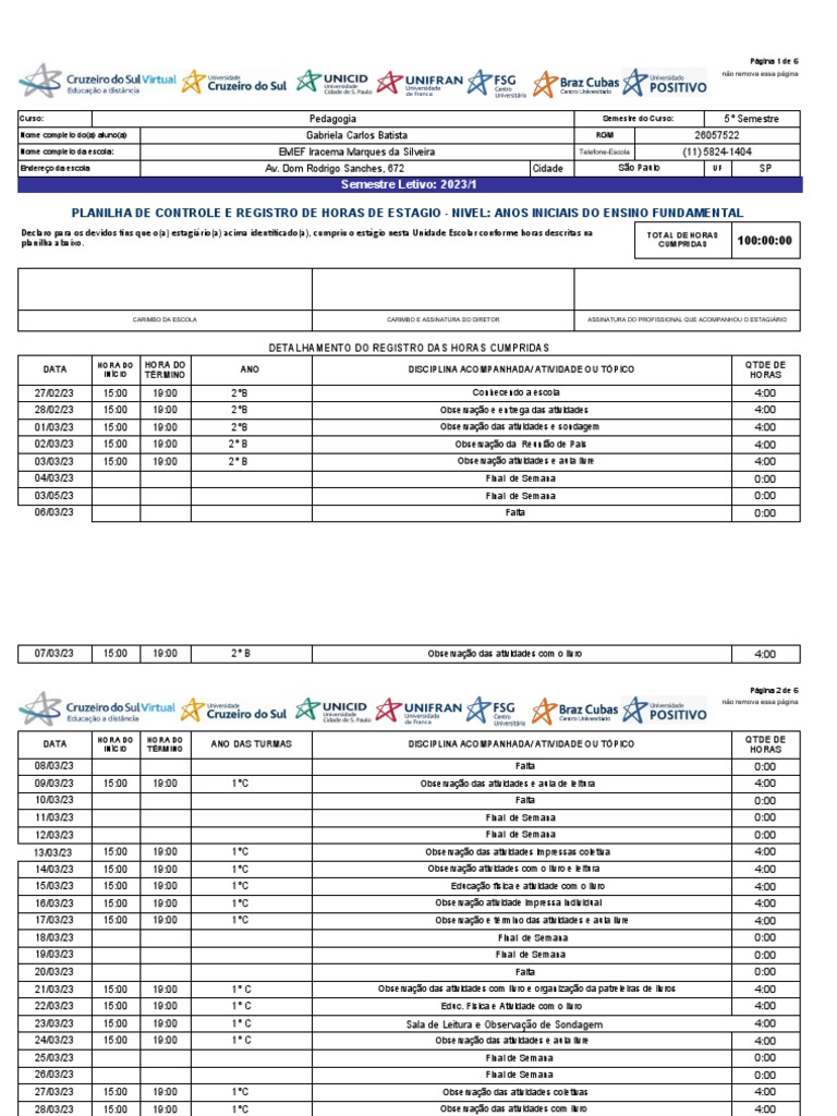 Planilha de Controle E Registro de Horas de Estágio - Nivel: Anos Iniciais Do Ensino Fundamental ...